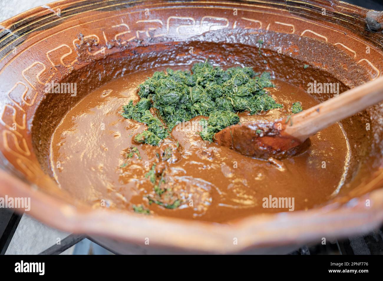 An adult Hispanic woman is mixing rosemary to prepare revoltijo mole ...