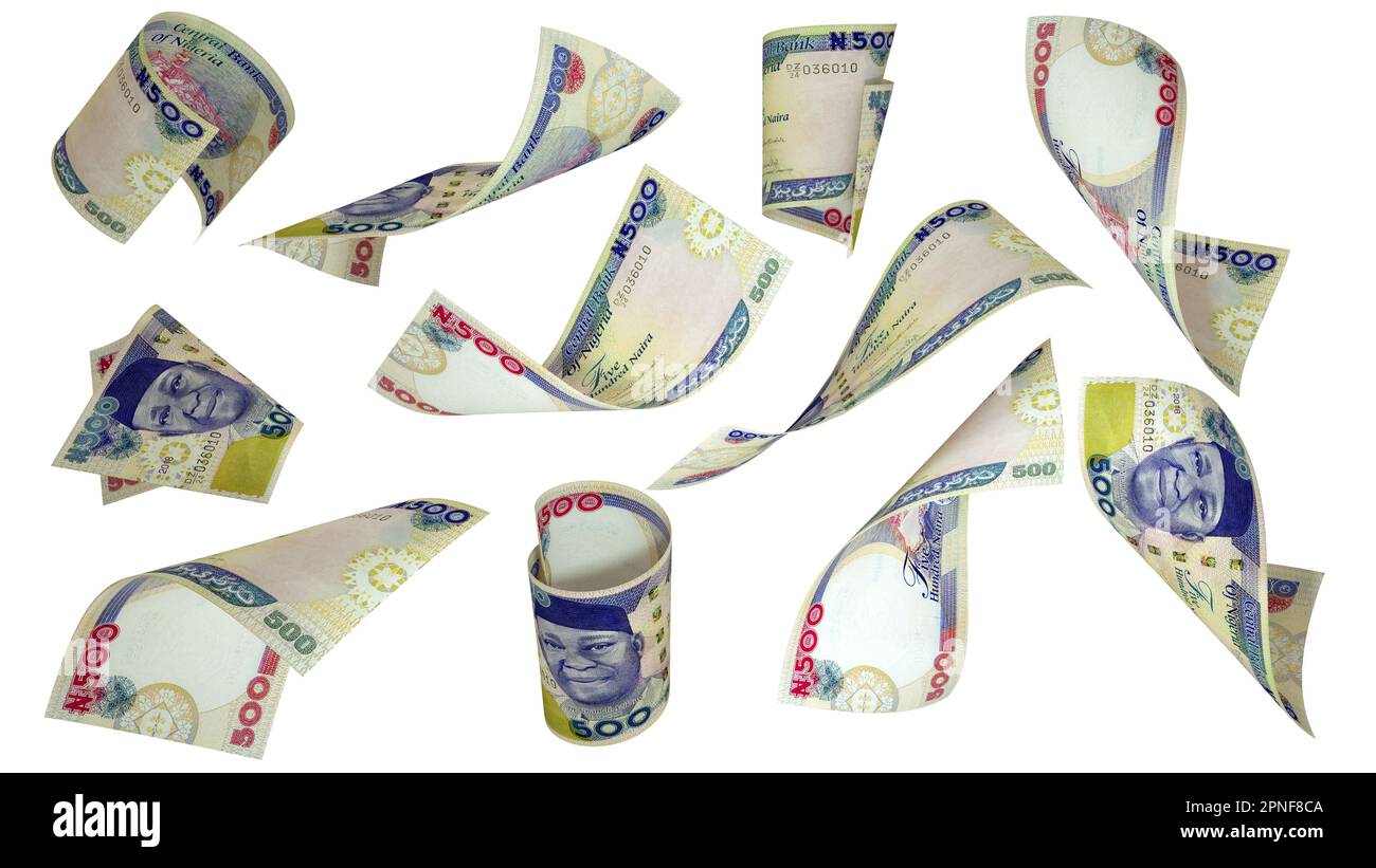 3D rendering of 500 Nigerian naira notes flying in different angles and ...
