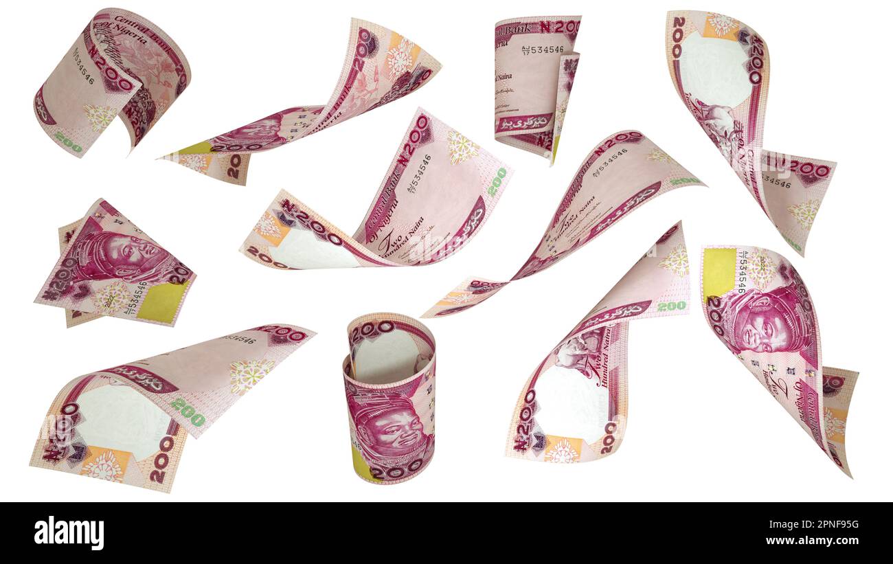 3D rendering of 200 Nigerian naira notes flying in different angles and ...