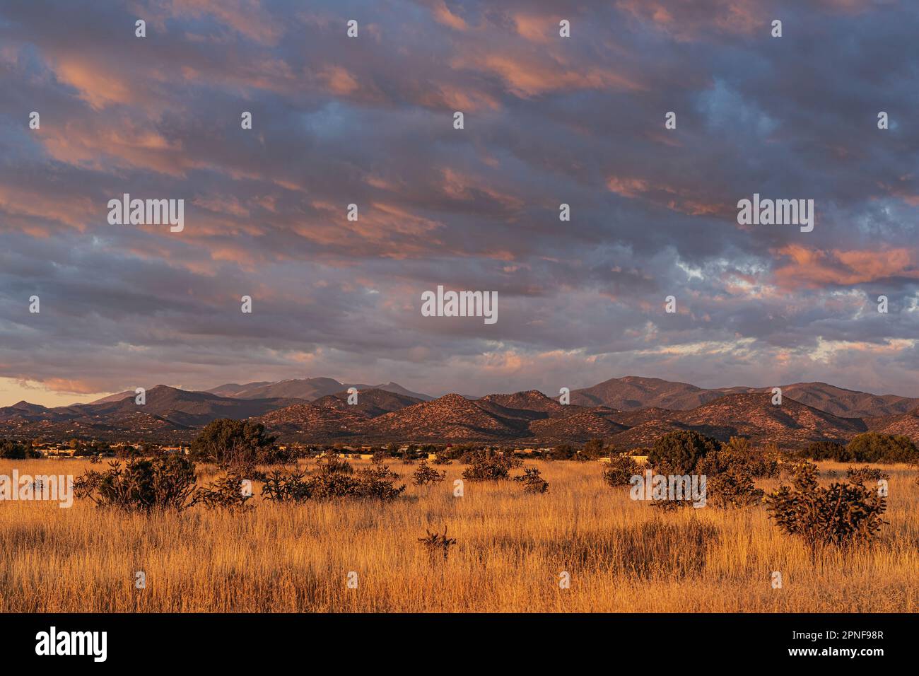 United States, New Mexico, Santa Fe, View over El Dorado to Sangere de ...