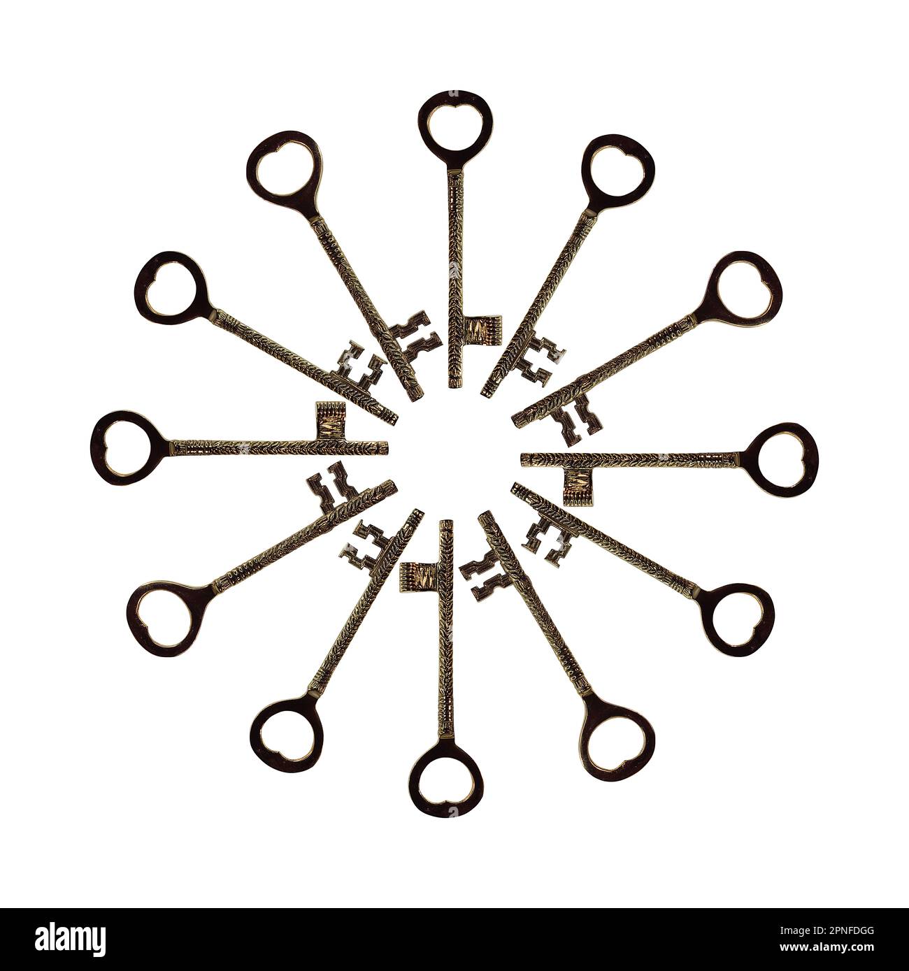Intricate and antique metal brass keys set out into an array Stock ...
