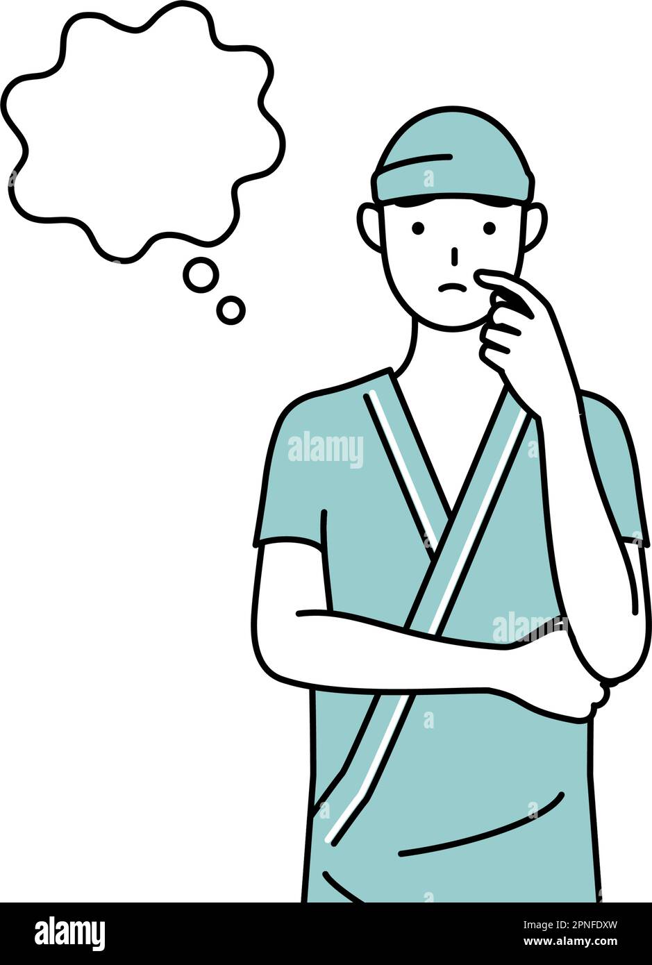 Male admitted patient in hospital gown thinking while scratching his ...