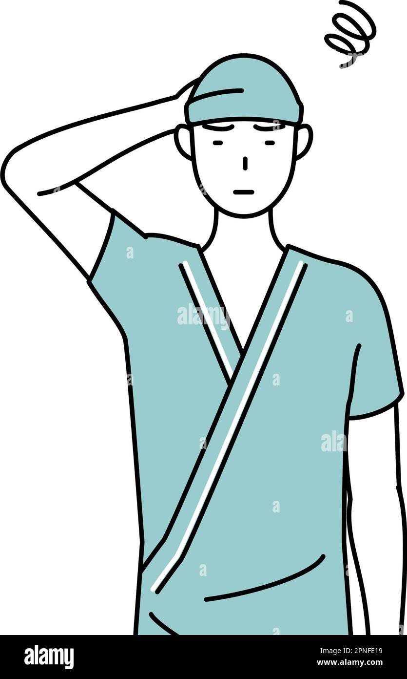 Male admitted patient in hospital gown scratching his head in distress ...