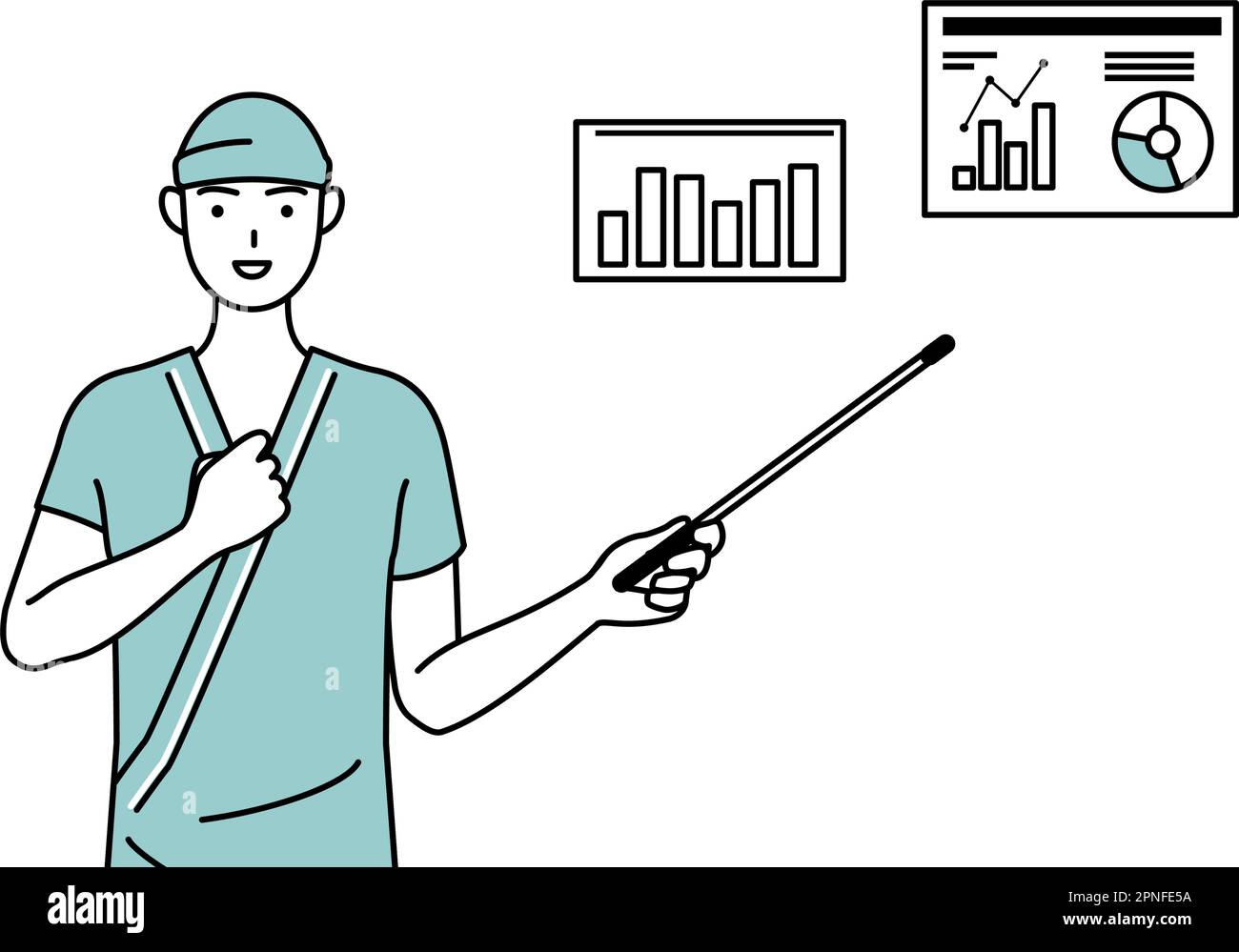 Male admitted patient in hospital gown analyzing a performance graph ...