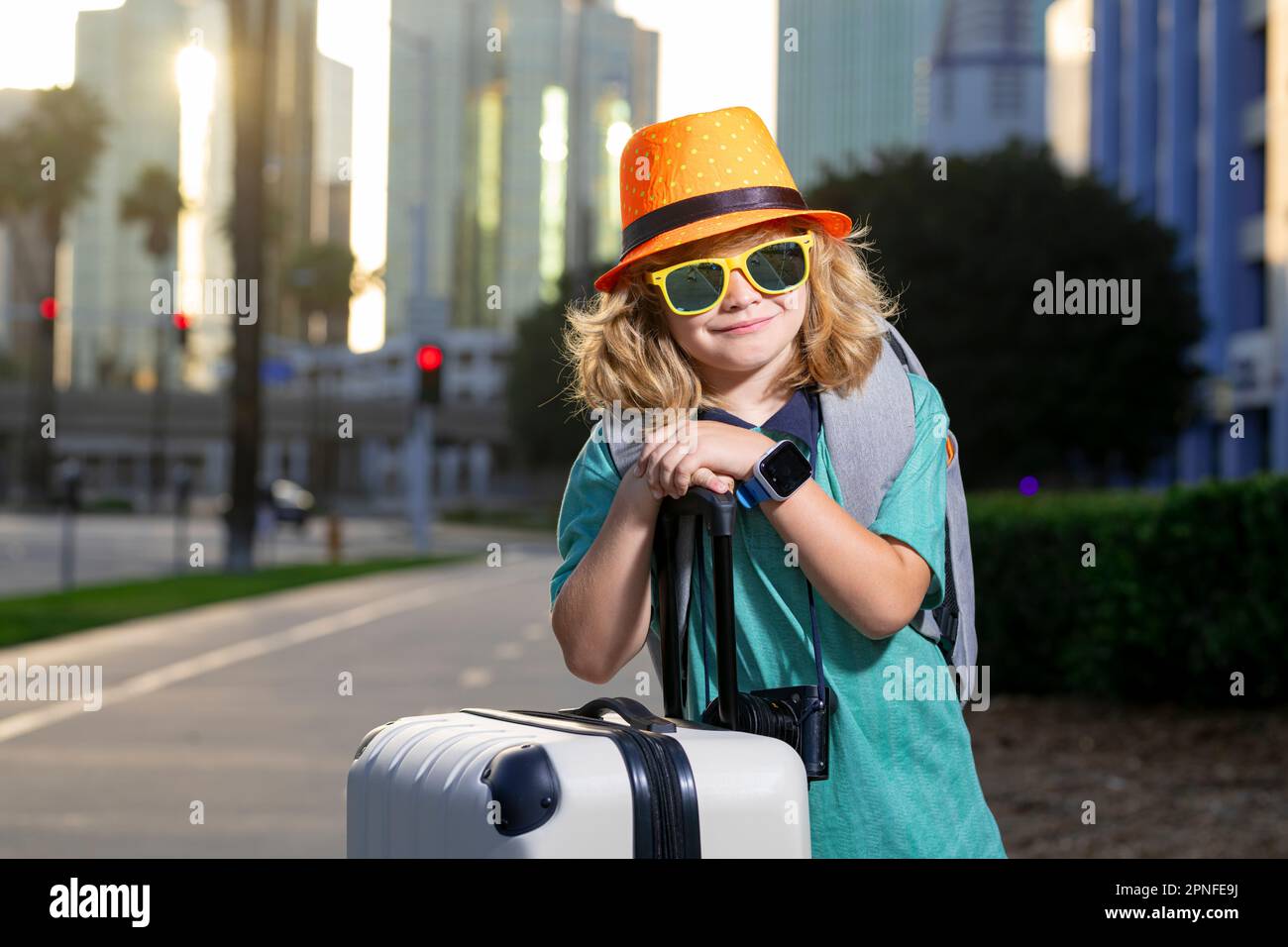 Child boy and travel Suitcase. Kid and Luggage Packed for vacation ...