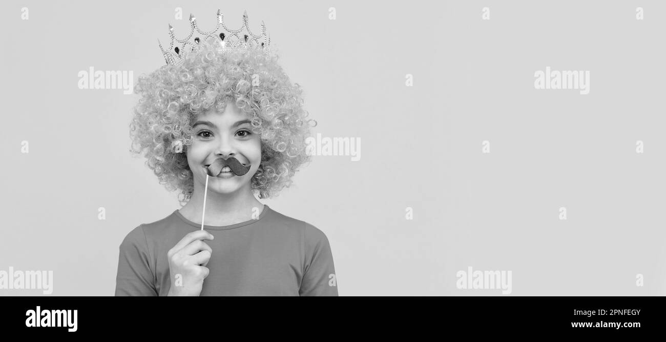 happy teen girl in fancy clown wig wear queen crown and funny party ...