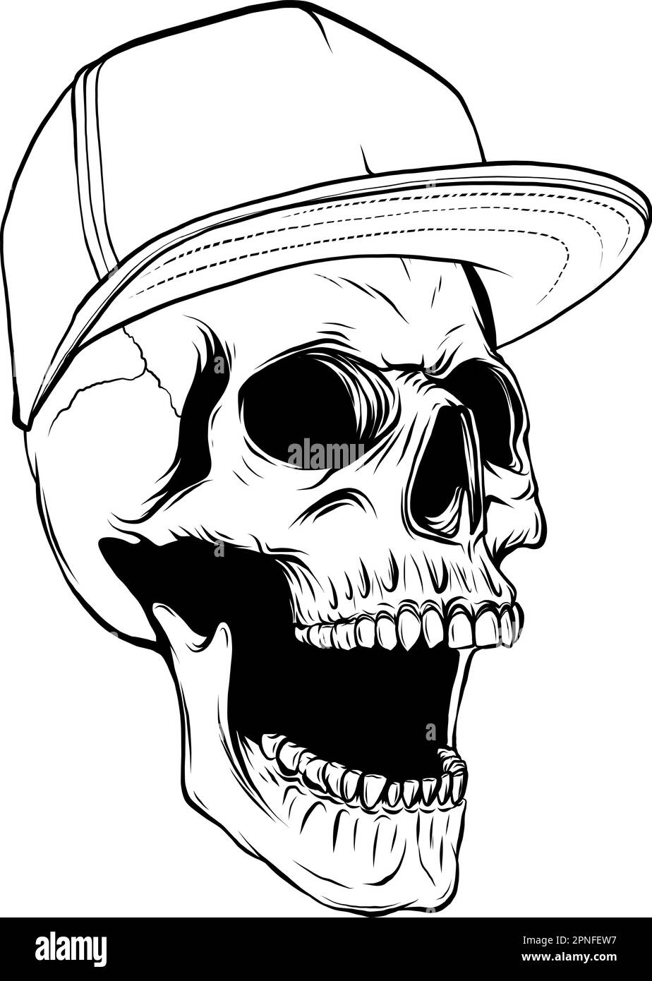 vector illustration of silhouette Angry skull with hat on white ...