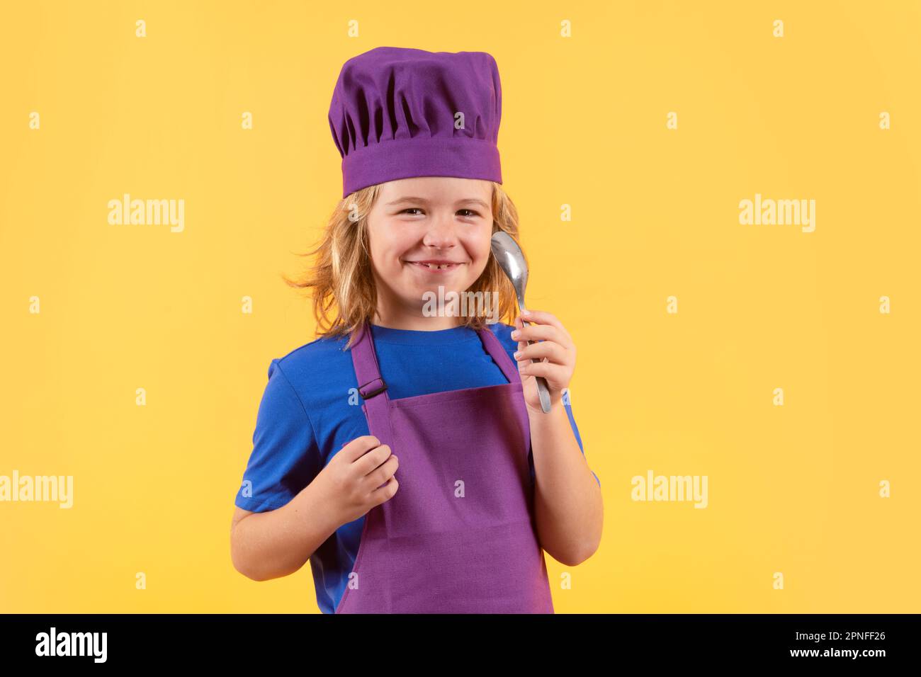 Funny kid chef cook with spoon, studio portrait. Cooking children. Chef ...
