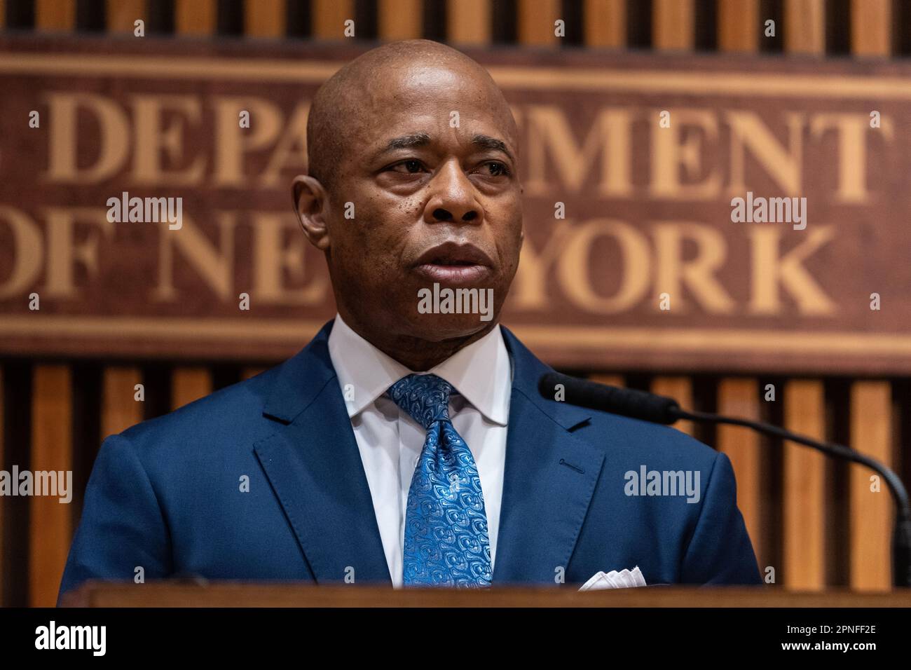 Mayor Eric Adams speaks during briefing on arrest of suspects in ...