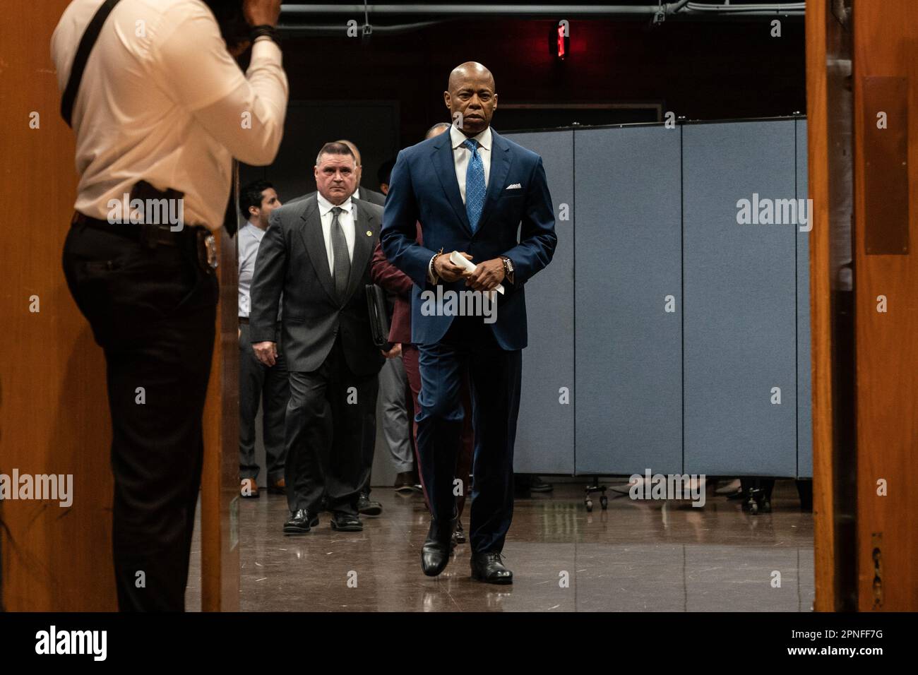 Mayor Eric Adams arrives for briefing on arrest of suspects in ...