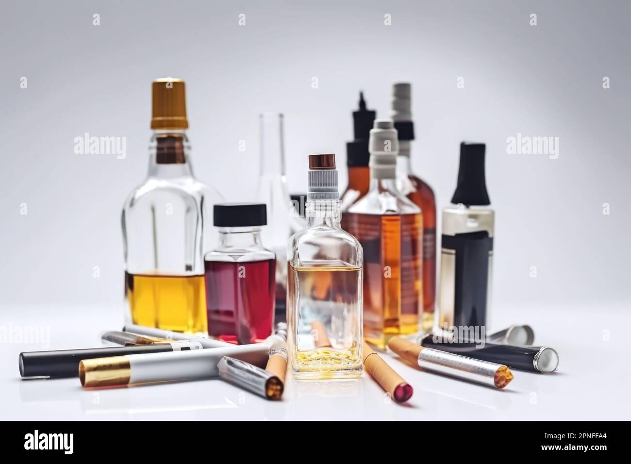 Electronic liquid cigarettes, vapes in various vials white background ...