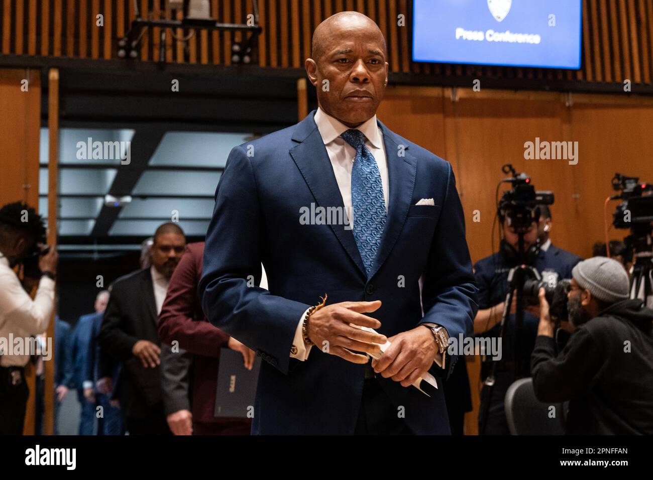 Mayor Eric Adams arrives for briefing on arrest of suspects in ...