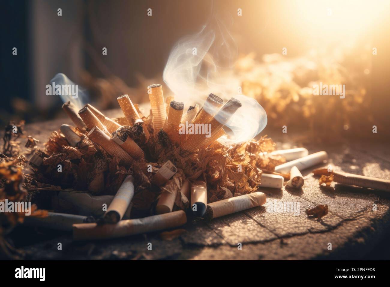 A pile of extinguished and crumpled cigarettes, cigarette burning and ...
