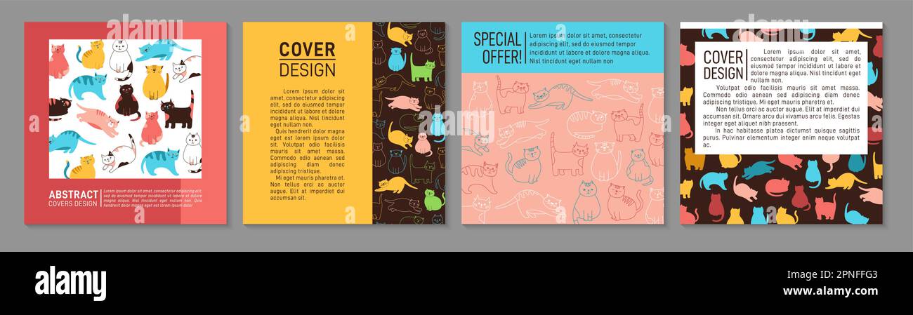 Trendy cover and cute cats set design. Kitty doodle pattern page ...