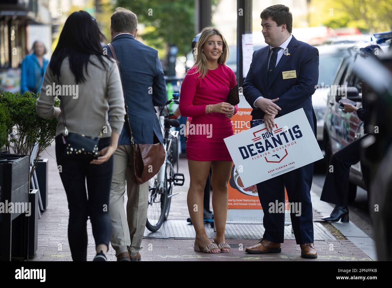 Two Supporters Of Florida Gov Ron Desantis Are Seen Outside A Policy Discussion Featuring 