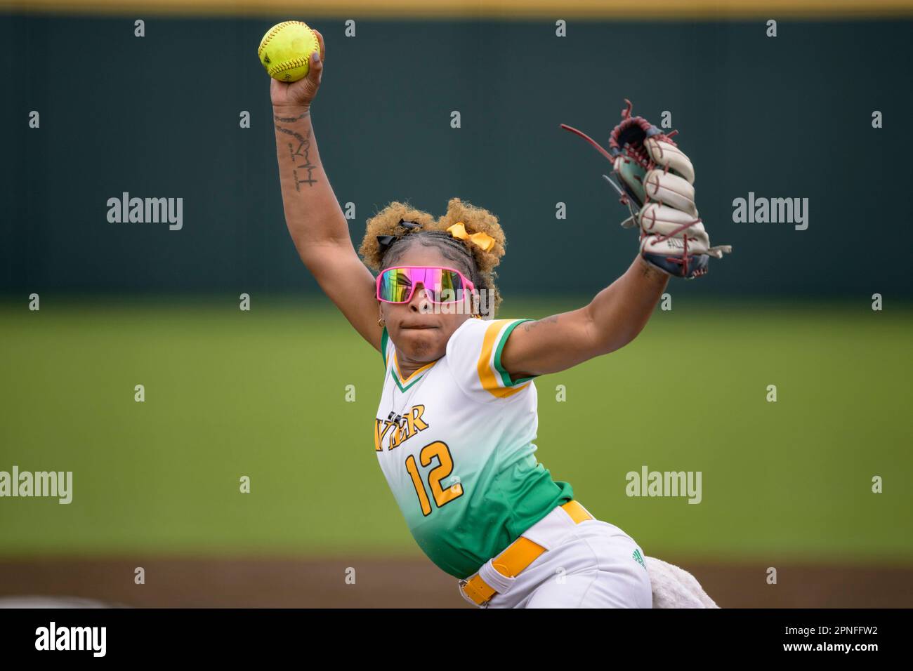 Xavier University of Louisiana pitcher Kenedi Jackson (12) throws during an NCAA softball game ...