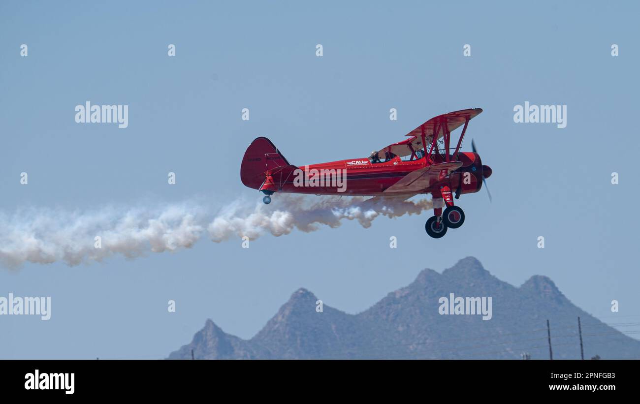Vicky Benzing, Stearman pilot, flies over Davis-Monthan Air Force, Ariz ...
