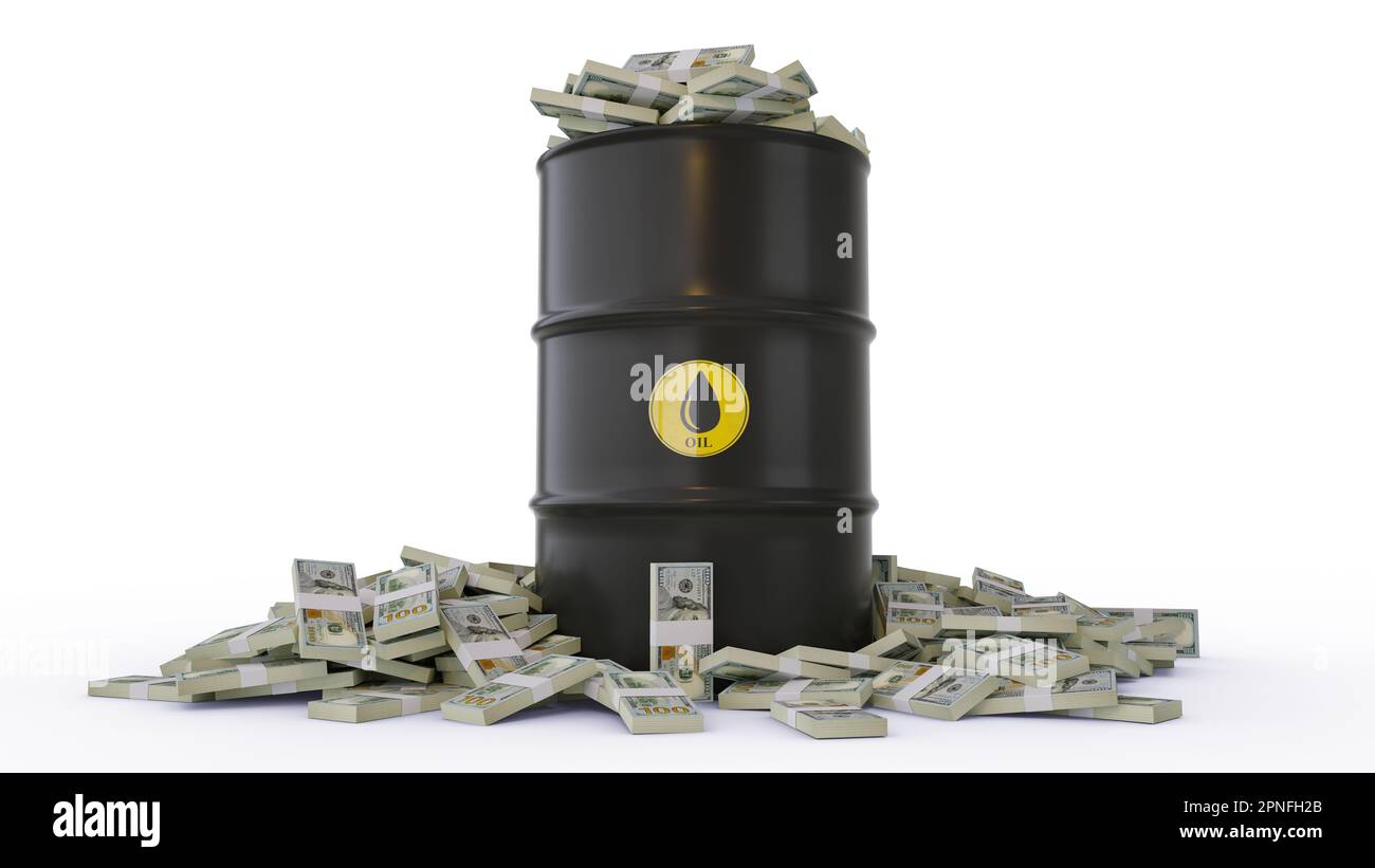 Stacks of US dollar notes inside black Oil Barrel isolated on white ...