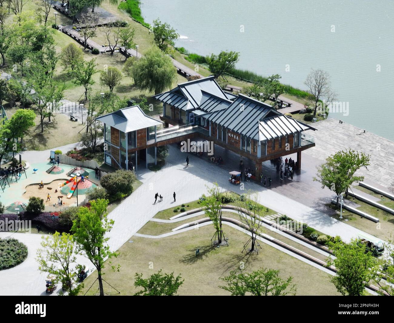 Aerial photo shows the spring scenery of the Yunhe Sanwan Scenic Spot ...