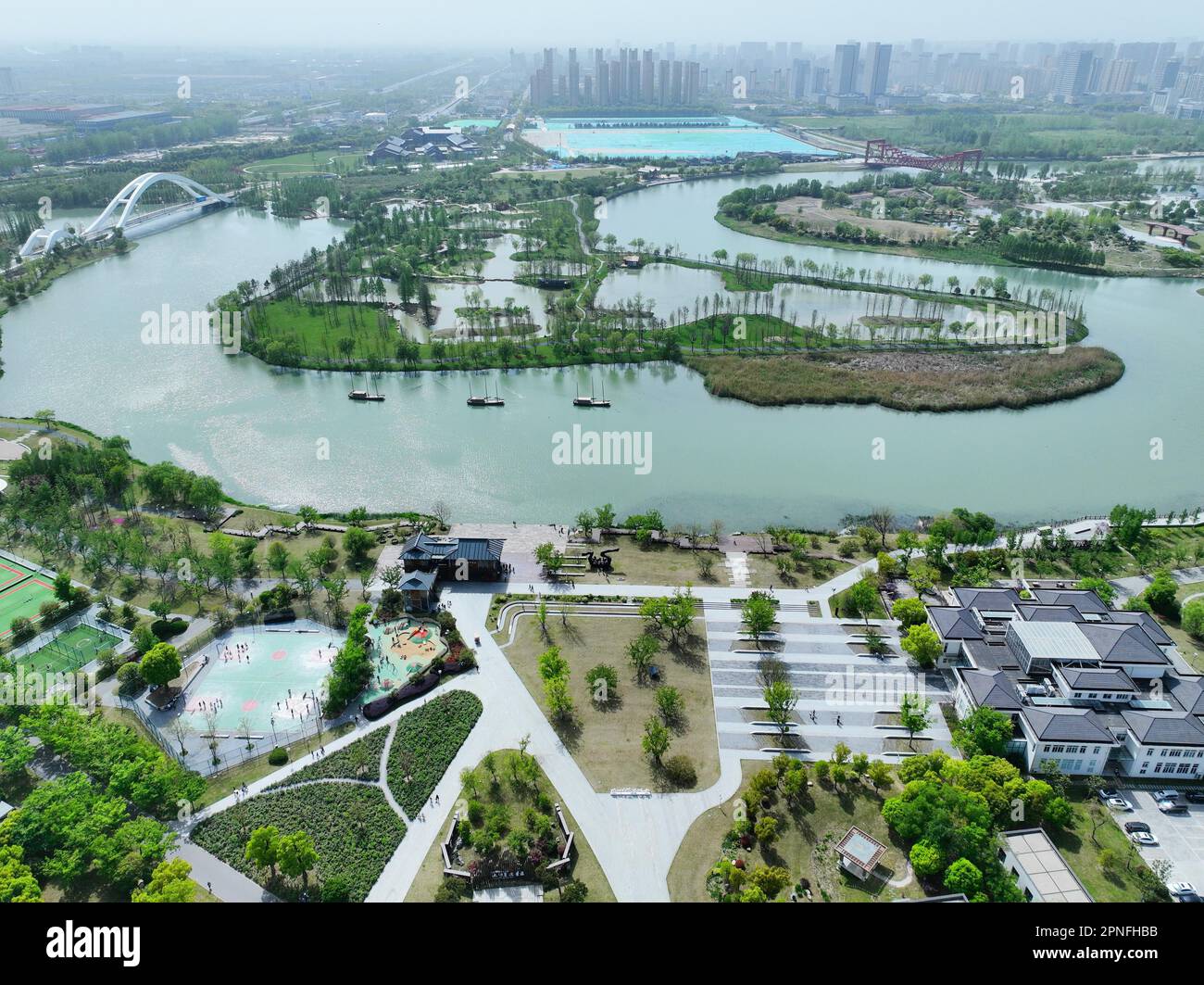 Aerial photo shows the spring scenery of the Yunhe Sanwan Scenic Spot ...