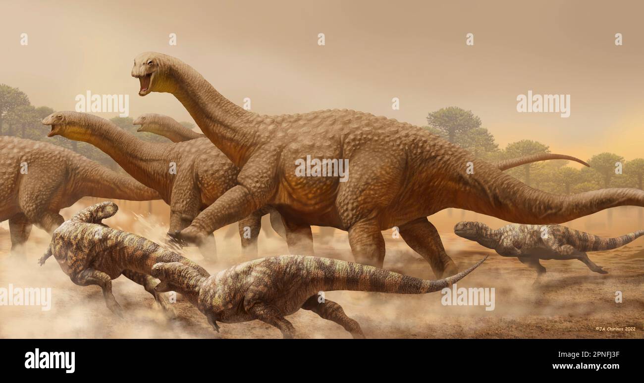 Quilmesaurus hunting a herd of Saltasaurus, illustration Stock Photo ...