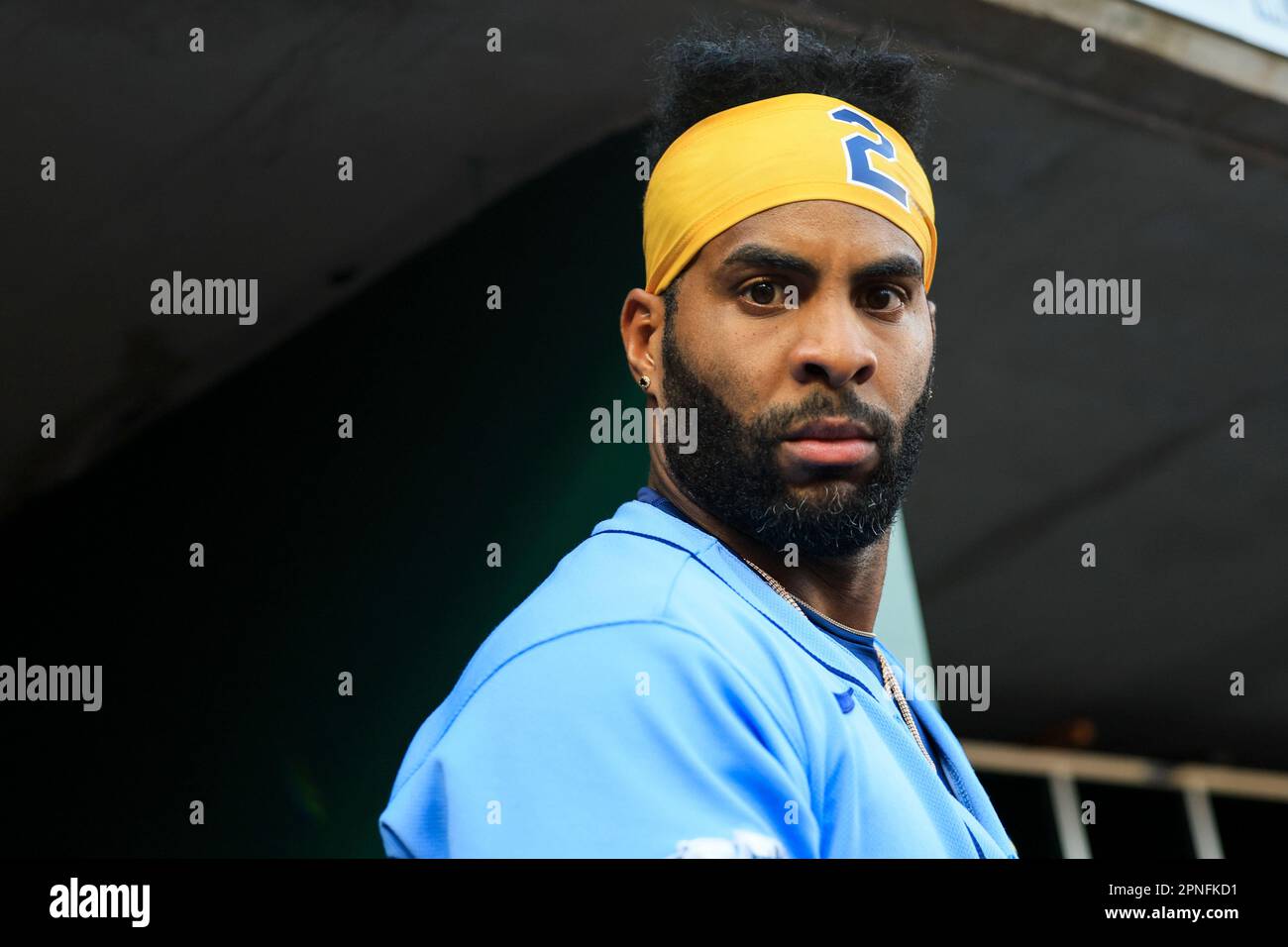 Tampa Bay Rays' Yandy Diaz stands in the dugout prior to a baseball ...