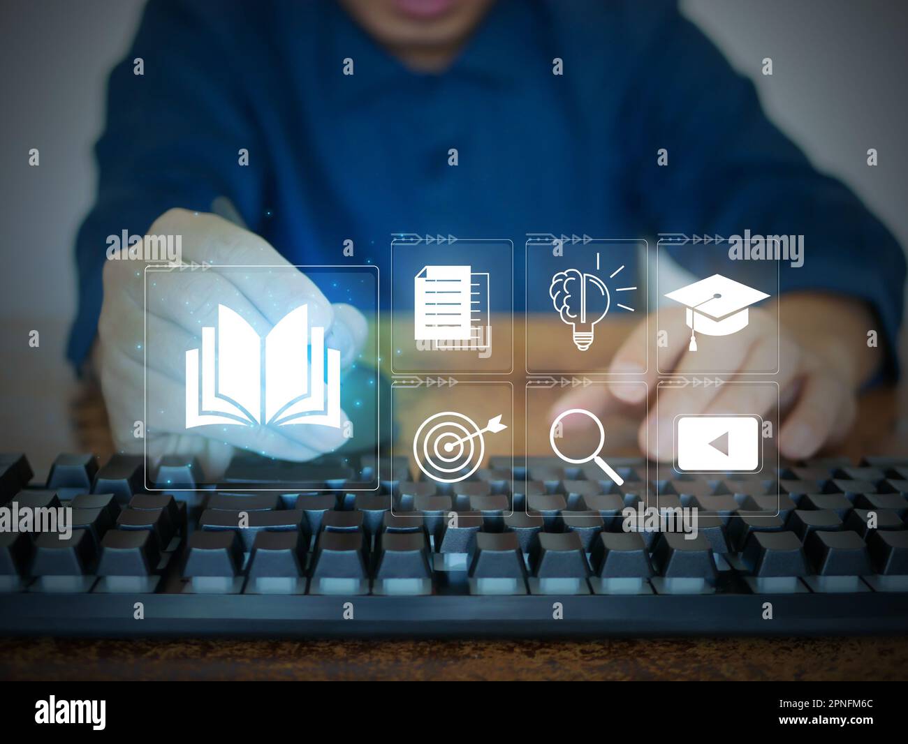 E-learning courses. A man attends an online lesson on a virtual digital ...
