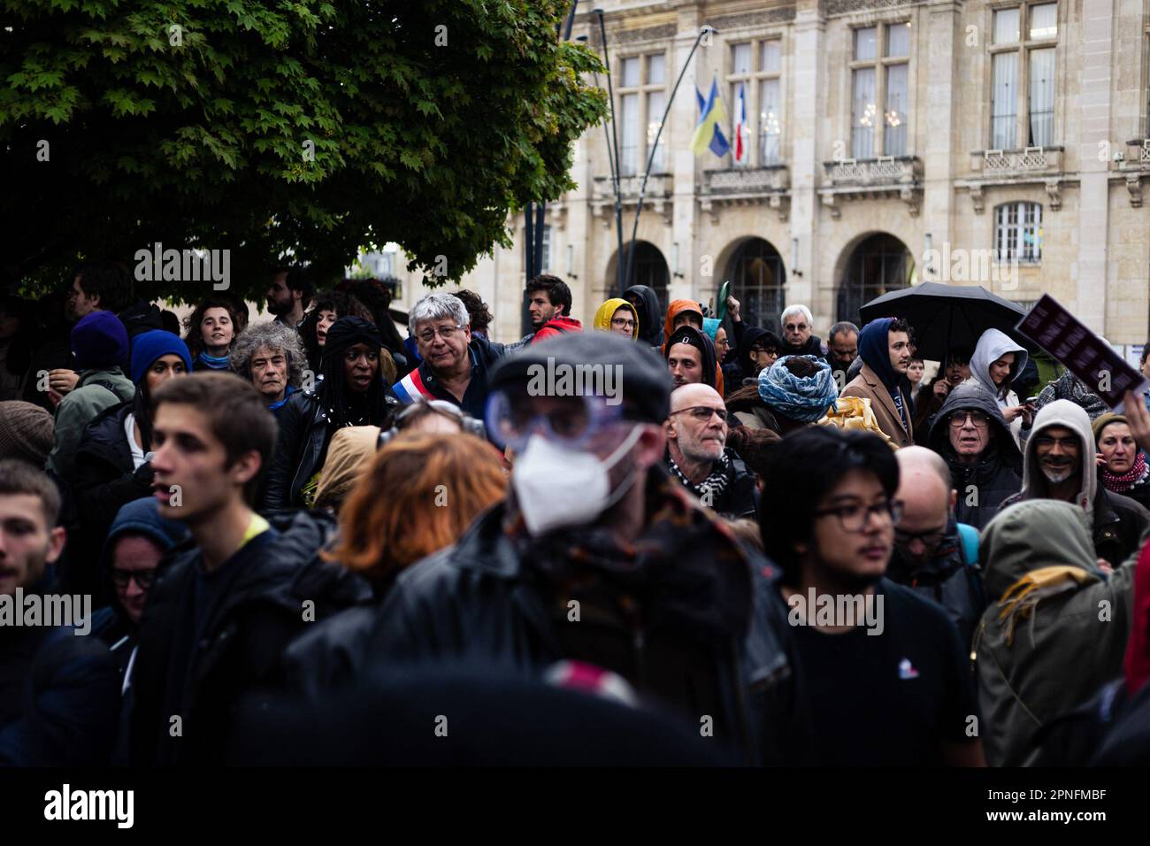 Paris, France. 18th Apr, 2023. A huge crowd gathers in protest against ...
