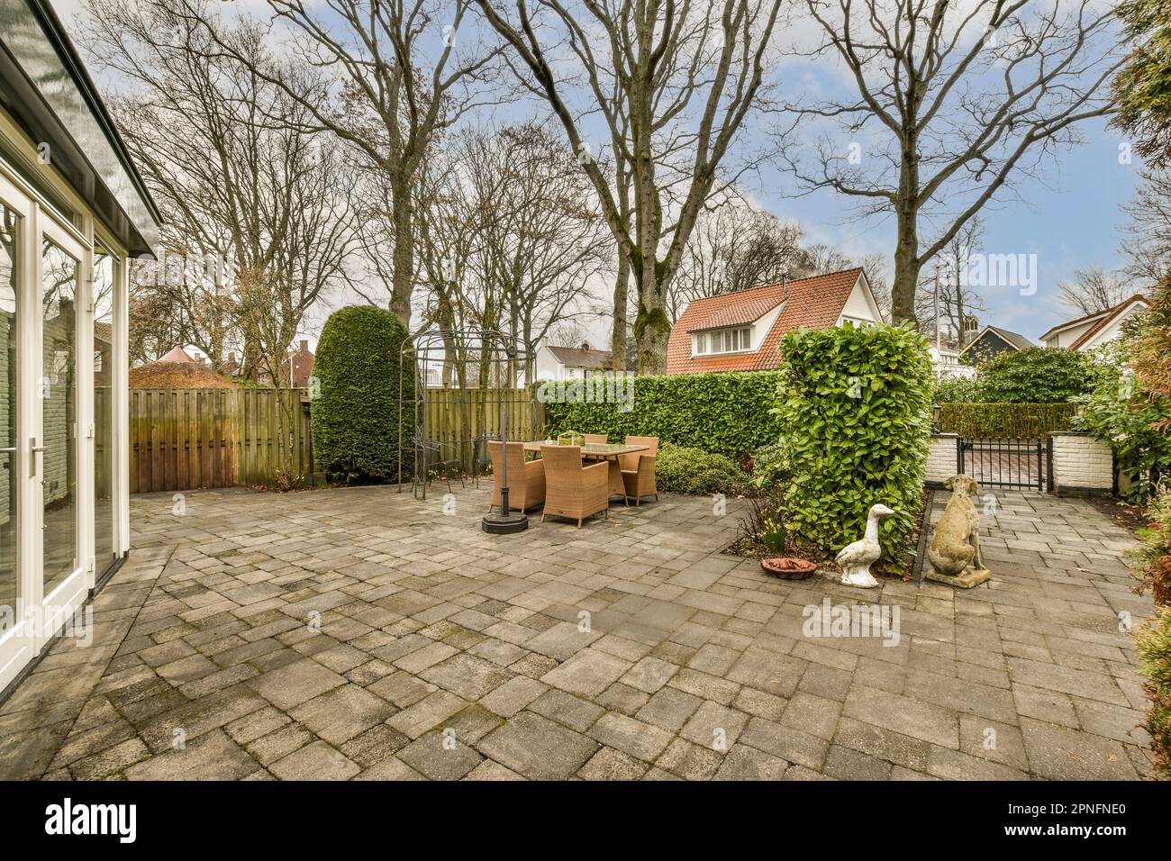 a back yard with trees and bushes in the background, taken from inside ...