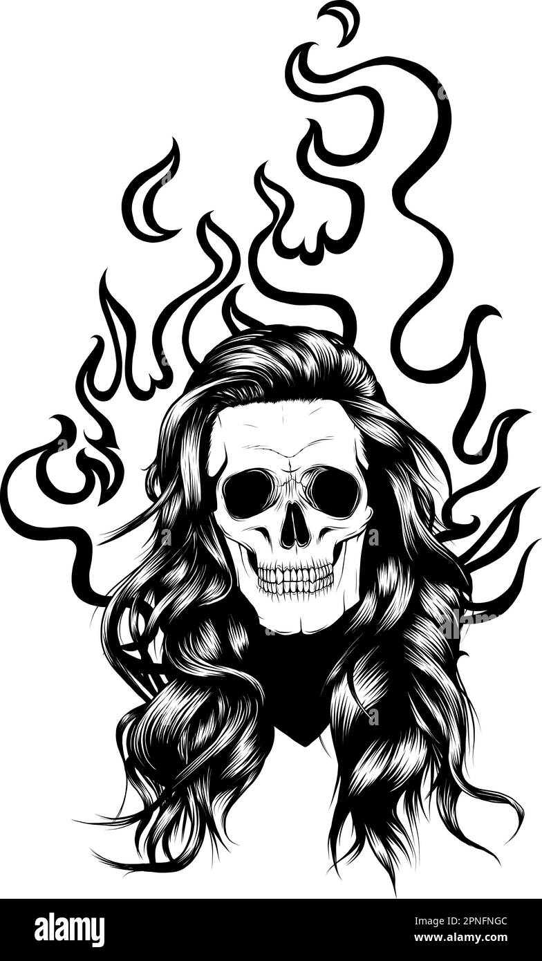 Skull on Fire with Flames Vector Illustration. black and white fire ...