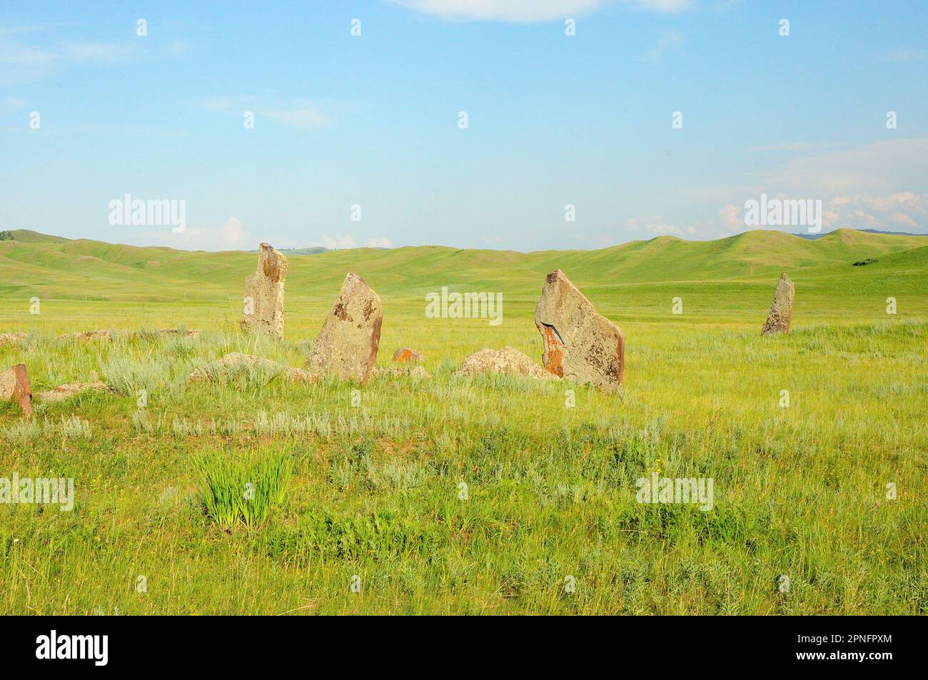 An ancient burial place with high tombstones in the endless summer ...