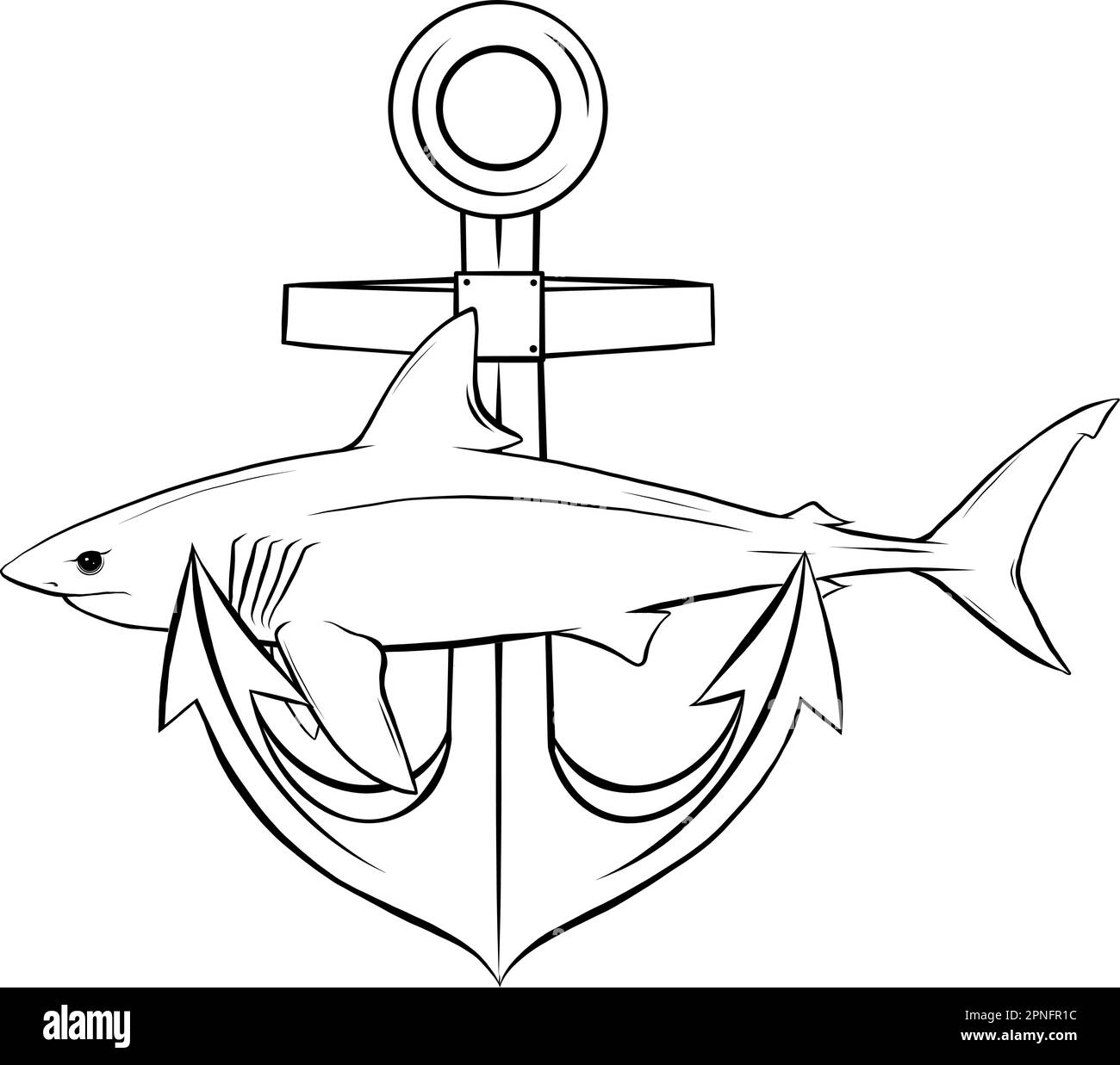 vector illustration of silhouette White Shark With Anchor on white ...