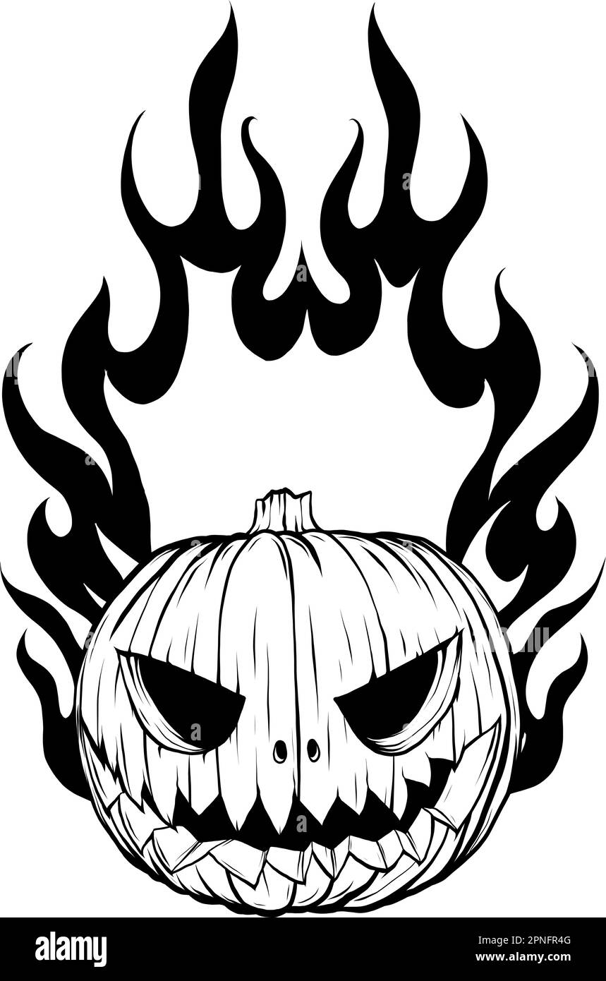 Illustration monochrome of halloween pumpkin character with fire flame ...