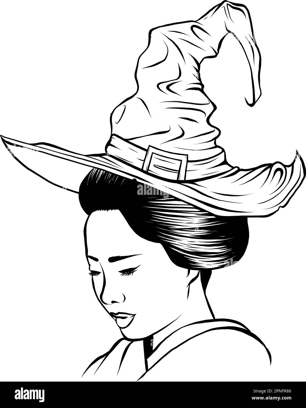 beautiful witch with long hair wearing traditional hat - halloween ...