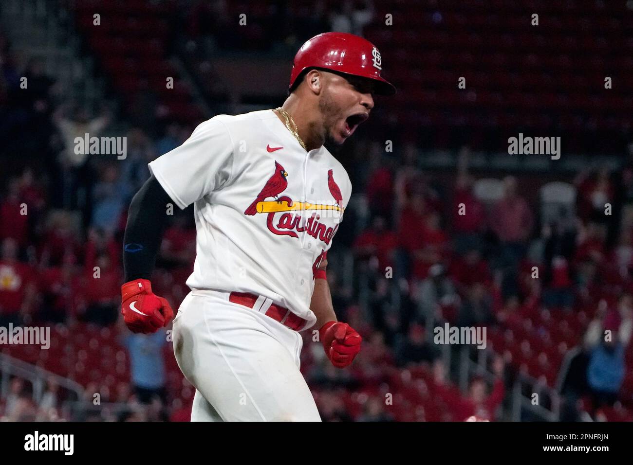 St. Louis Cardinals' Willson Contreras celebrates after hitting a two ...
