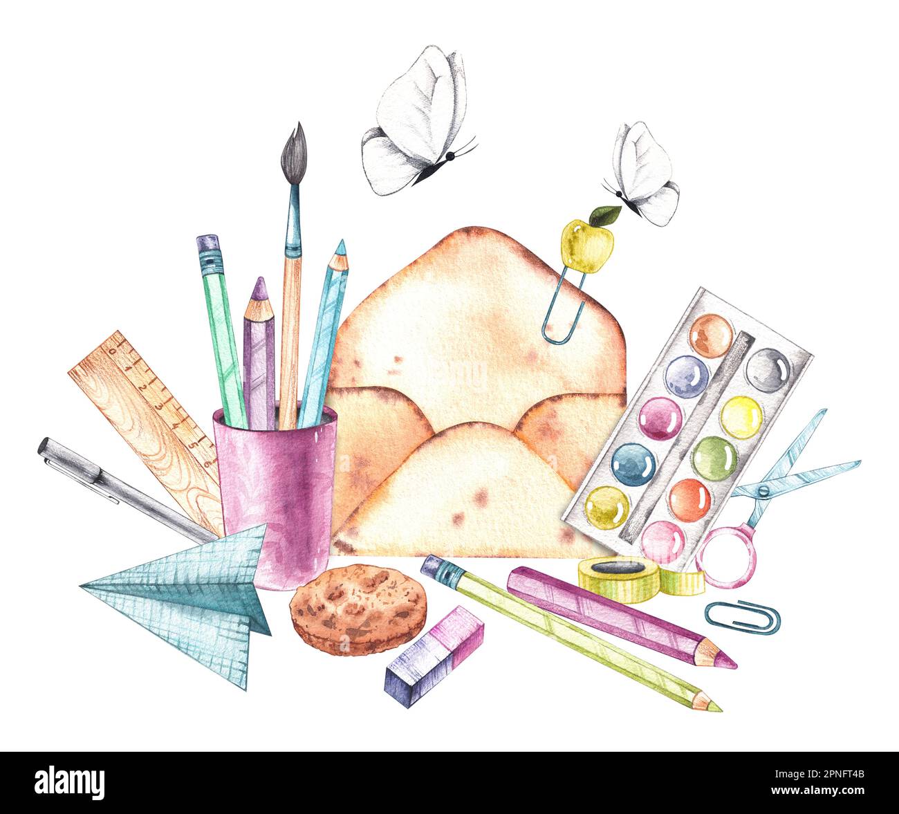 Watercolor composition of stationery school items on a white background ...