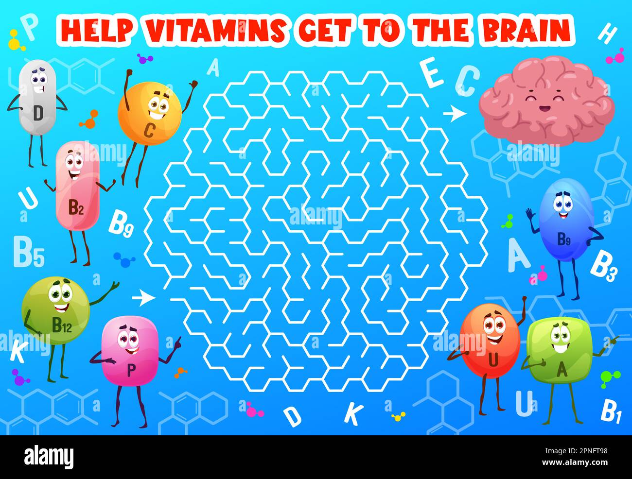 Labyrinth maze game cartoon vitamin or micronutrient characters. Kid ...
