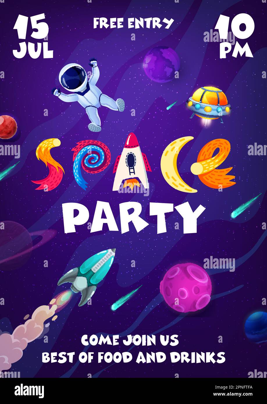 Space party flyer with cartoon rocket and planets, UFO and astronaut in ...