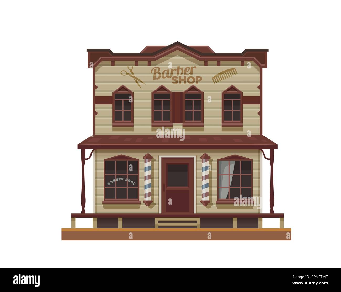 Western Wild West barber shop town building. Cartoon old wood house of ...