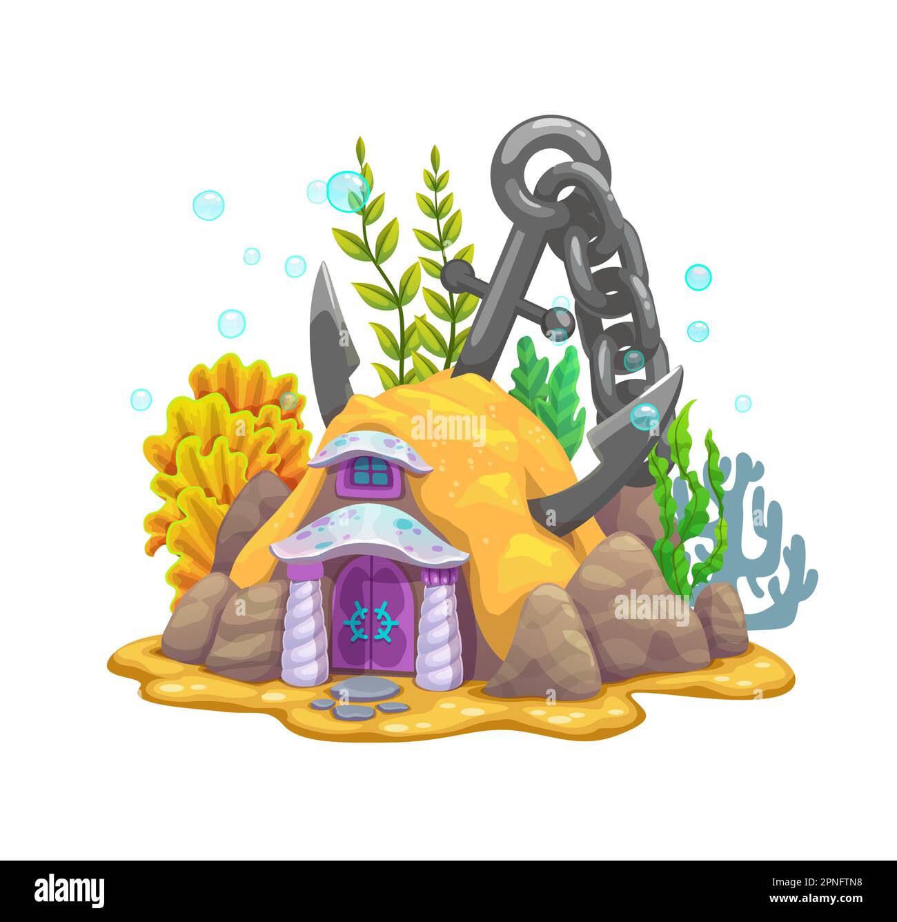Cartoon underwater anchor fairy house. Vector building of ocean and sea ...
