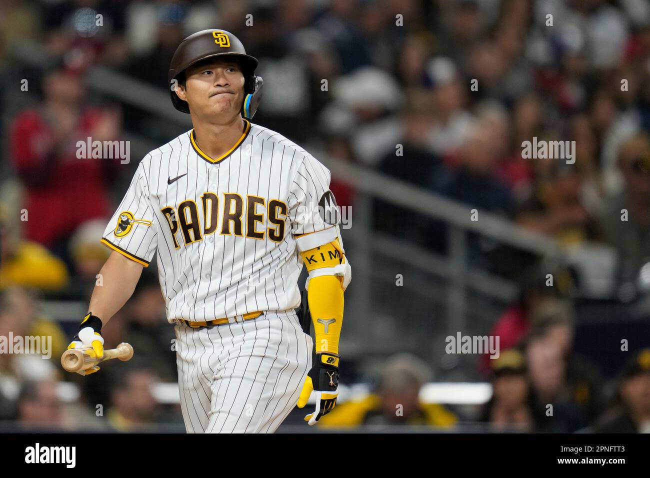 San Diego Padres' Ha-Seong Kim reacts after striking out during the ...