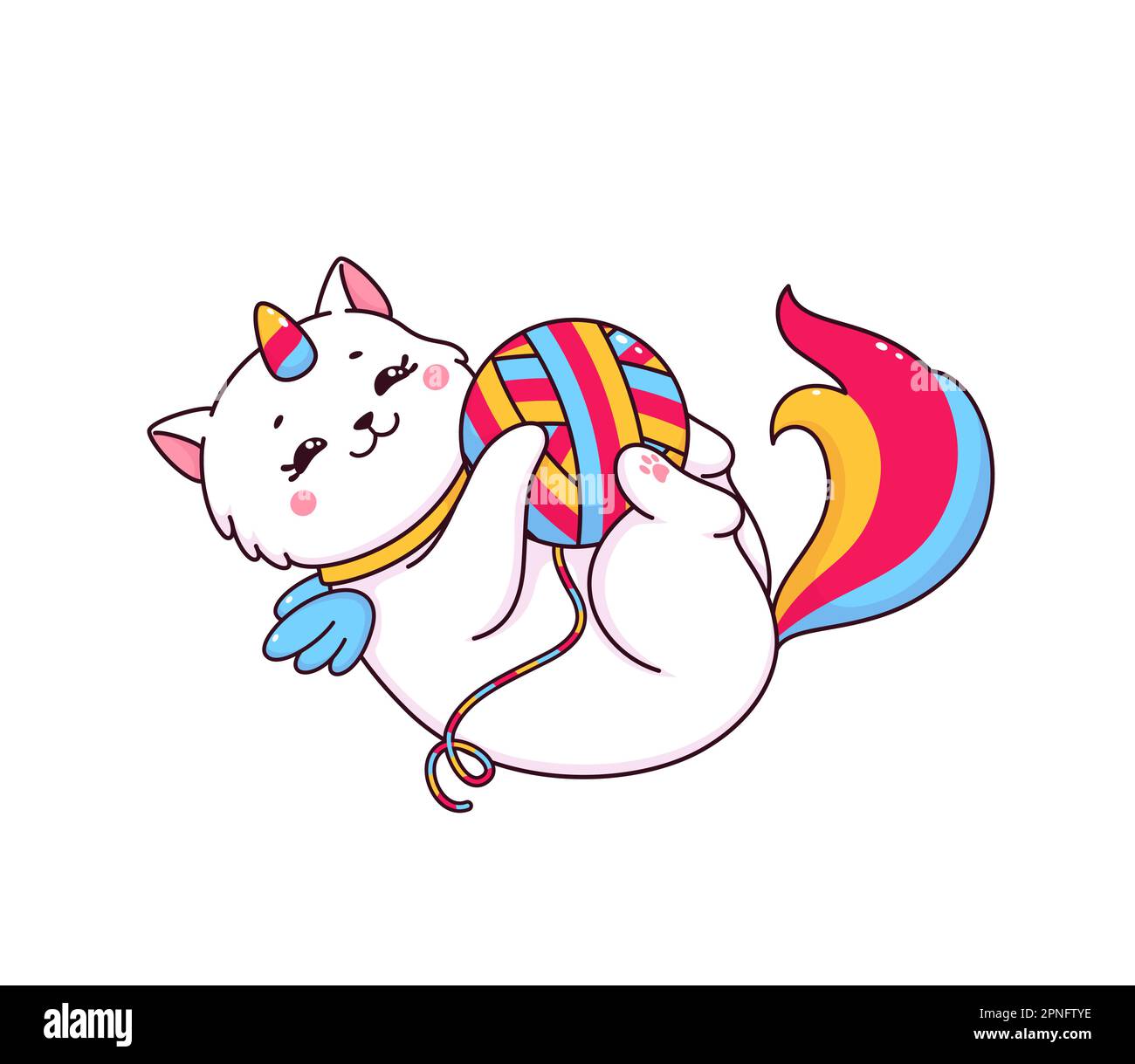 Cartoon cute caticorn character with clew. Vector unicorn cat, cute ...