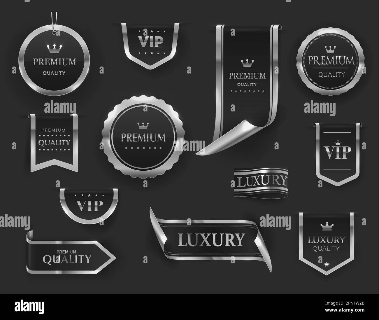 Silver luxury labels and banners. Vector set of seals, medals, award ...