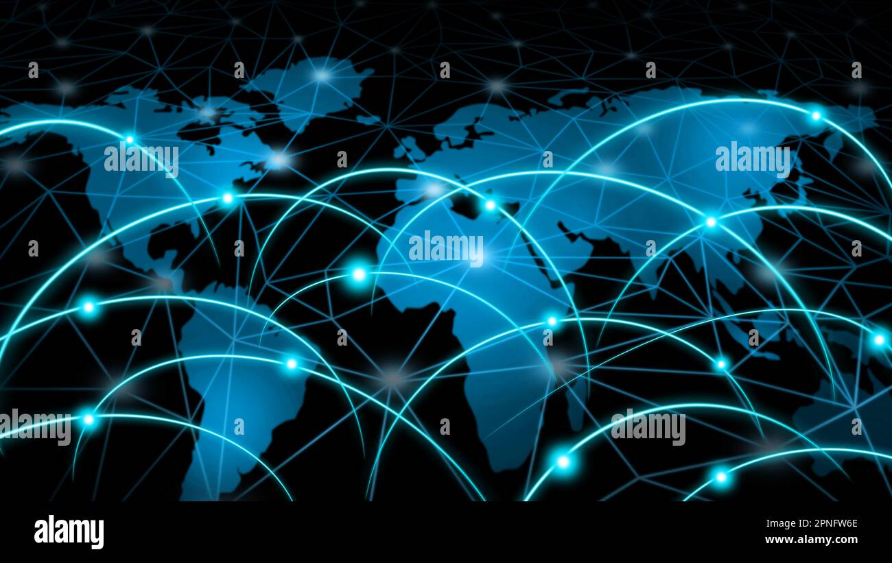 World map on a technological background, glowing lines symbols of the ...