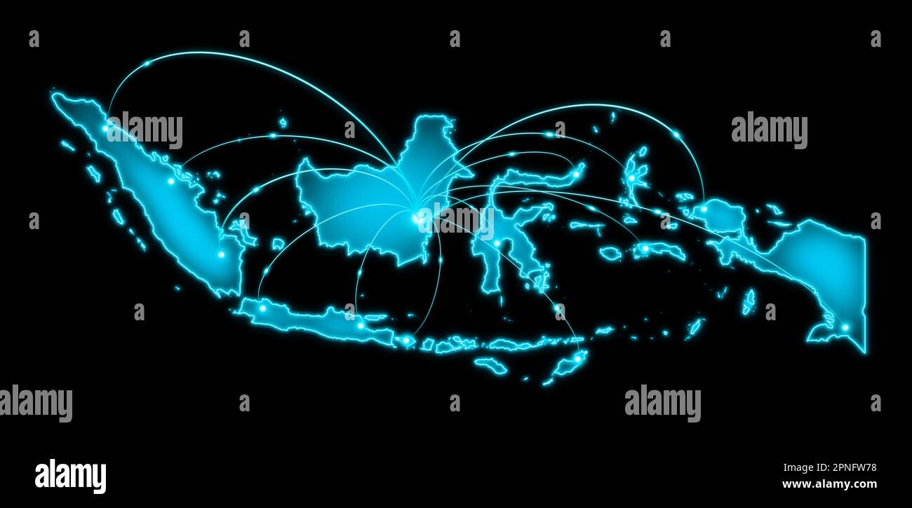 country of Indonesia map outline blue with glowing lines on a black ...