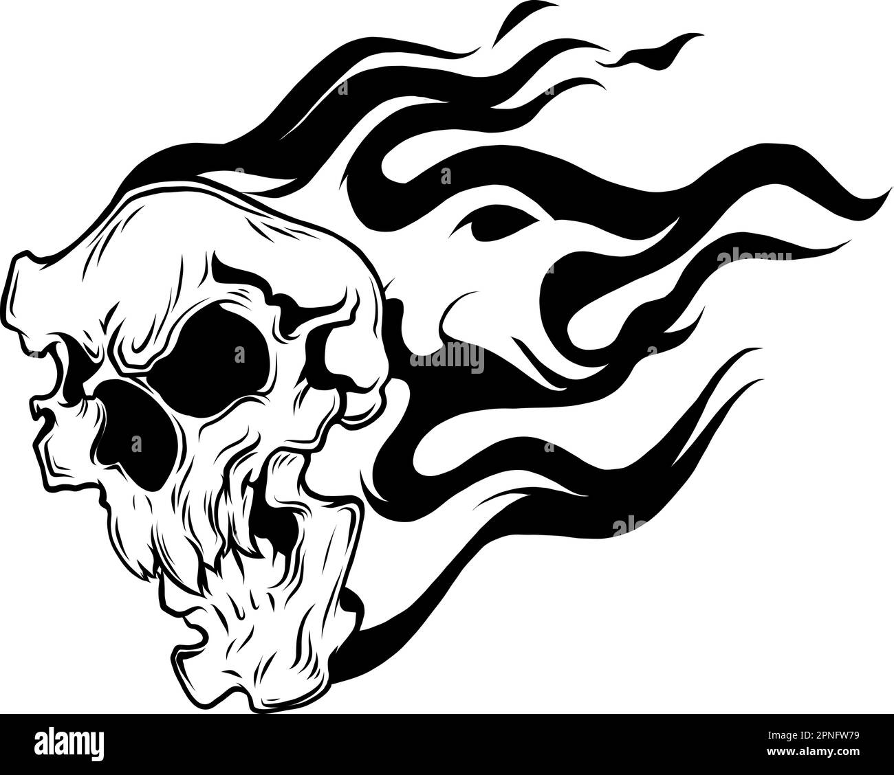 Skull on Fire with Flames Vector Illustration. black and white fire ...