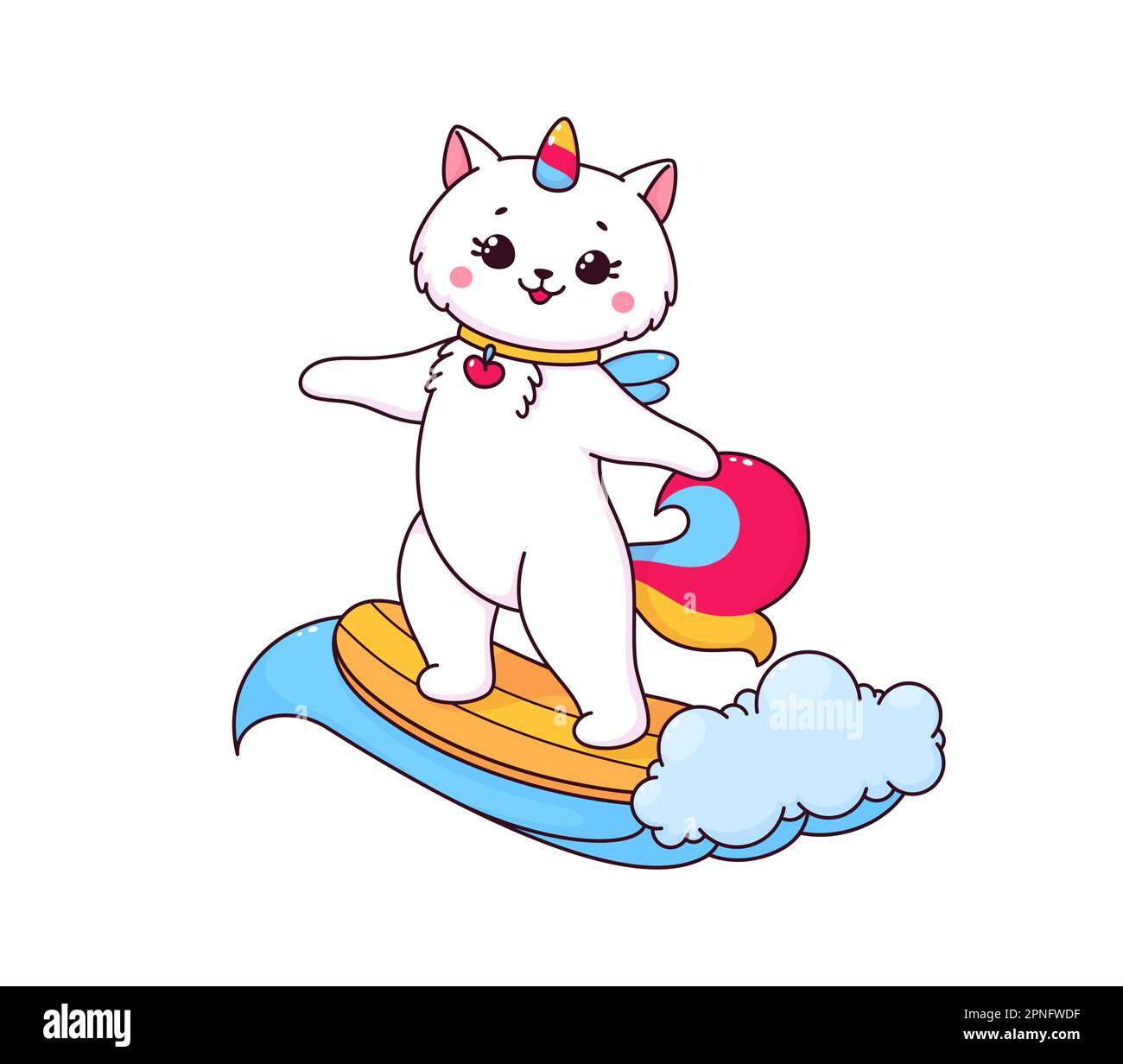 Cartoon cute caticorn character surfing on sky clouds. Vector cat or ...