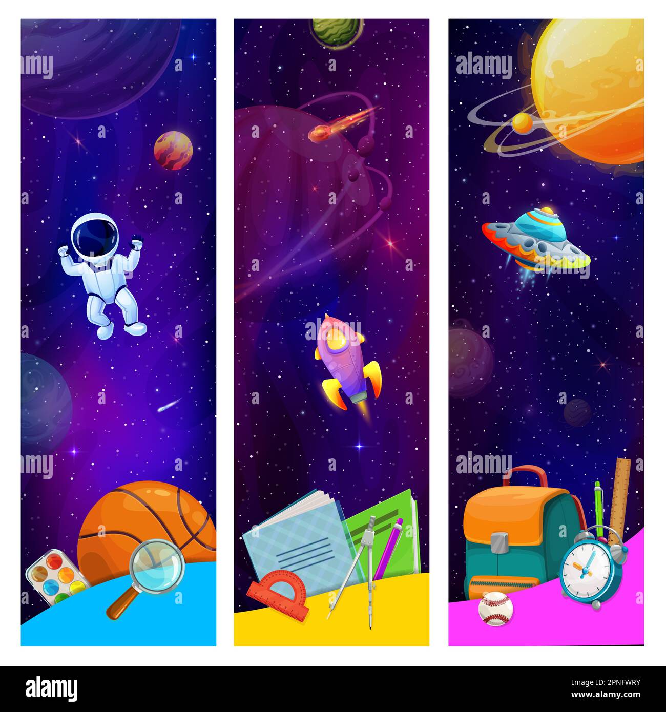 School banners with stationery and space planets, UFO, rocket and ...