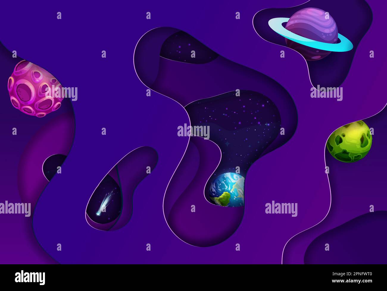 Space paper cut poster. Galaxy planets, comet and stars. Vector ...