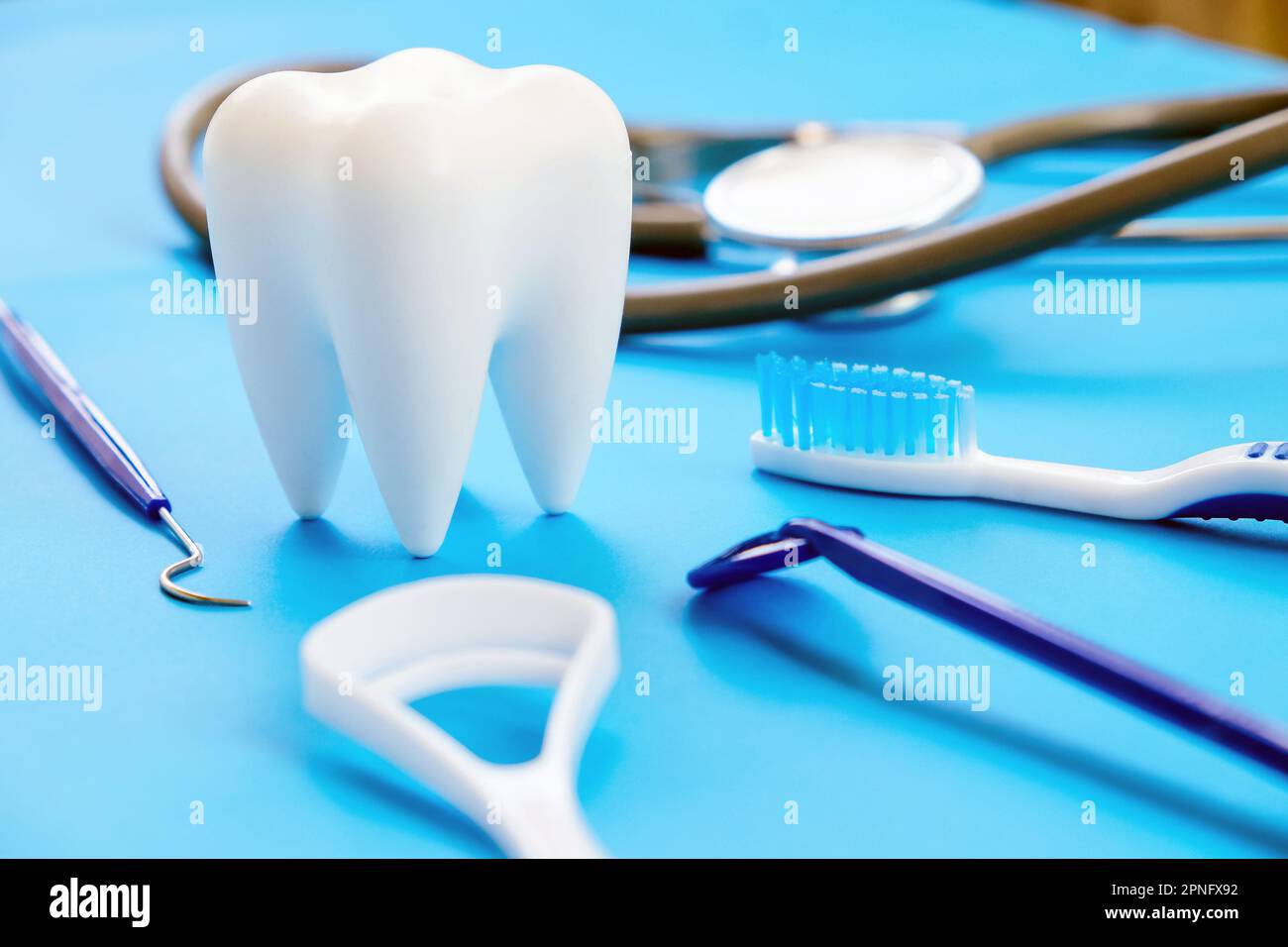 Dental model and dental equipment on blue background, concept image of ...